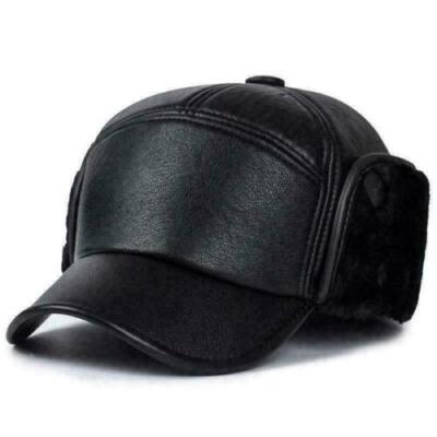 Men's Leather Baseball Caps Winter Hats With Ear Flaps Warm Cap Hat ...