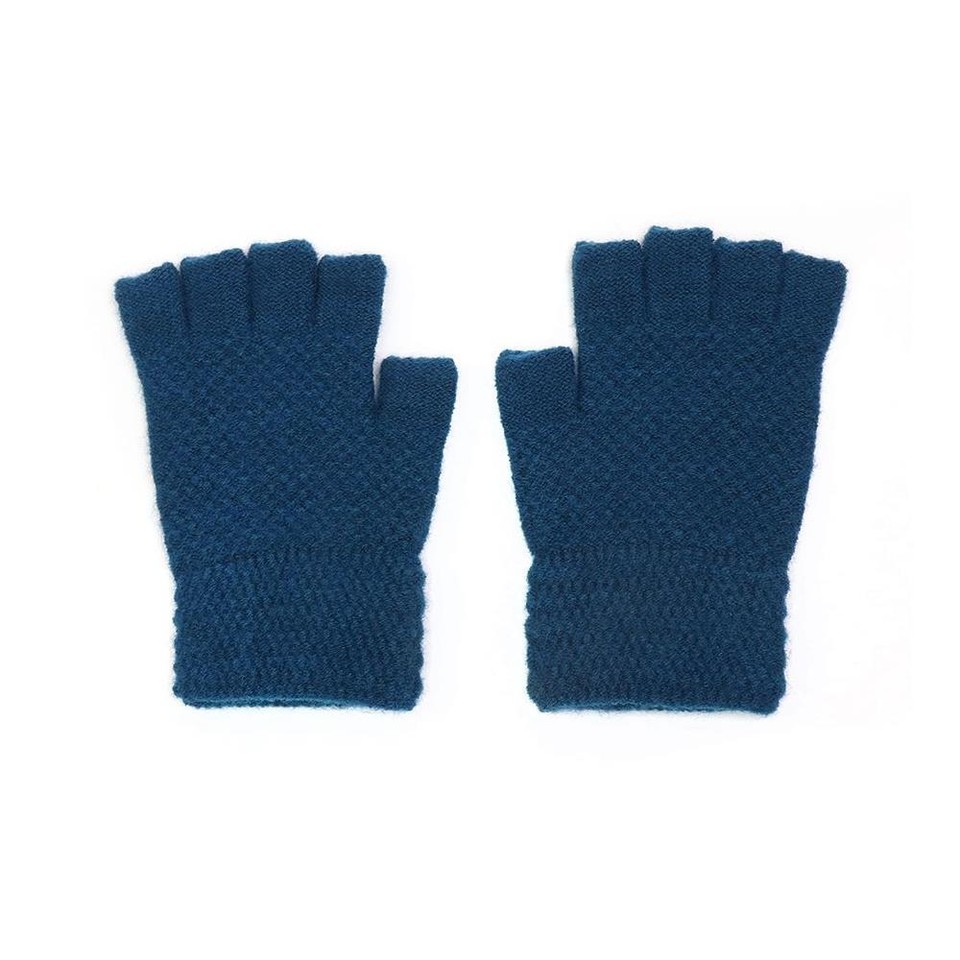 Knitted Fingerless Gloves Cosy Teal Blue Unisex One Size Fine Waffle ...