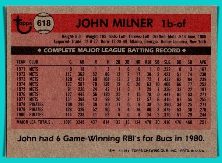 1981 Topps Baseball #618 John Milner Pirates | eBay