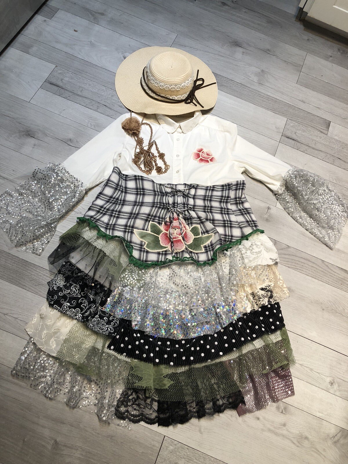 Handmade Patchwork Plaid Flower Appliqued Cowgirl/Country Farm Dress L ...