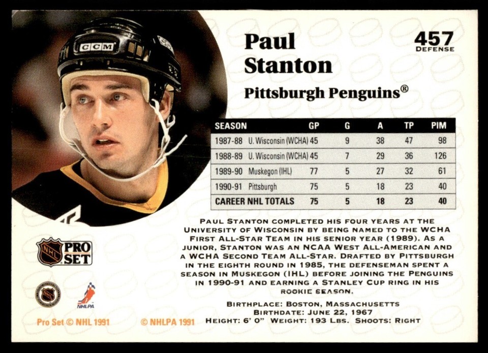 1991-92 Pro Set #457 Paul Stanton Pittsburgh Penguins | eBay