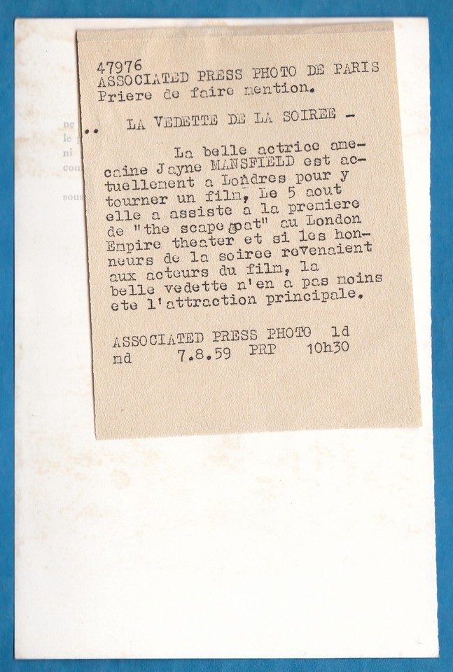 vintage photo sexy movie star Jayne Mansfield in London UK 1959 ...