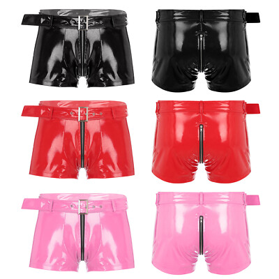 Mens Wetlook PVC Leather Shorts Bulge Pouch Boxer Briefs Trunk Zipper ...