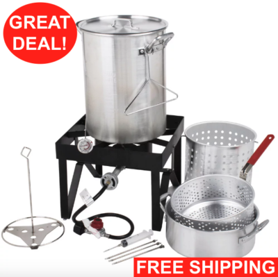 30 Qt Deluxe Aluminum Turkey Deep Fryer Kit Steamer Stock Pot Propane ...