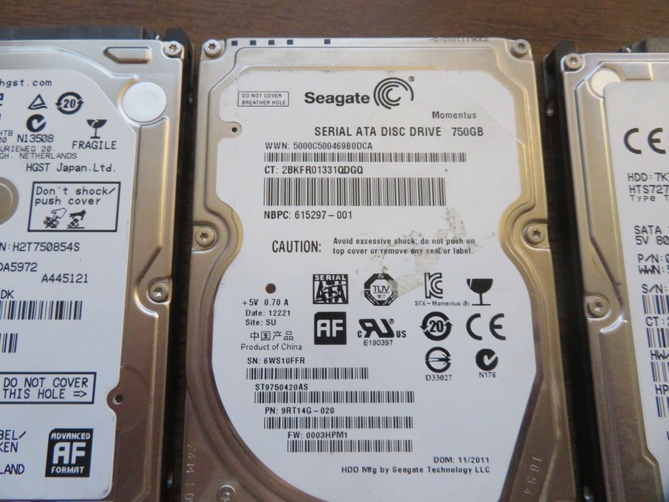 Lot 4x 750GB SATA Laptop HDDs 2.5 Western Digital Seagate Hitachi ...
