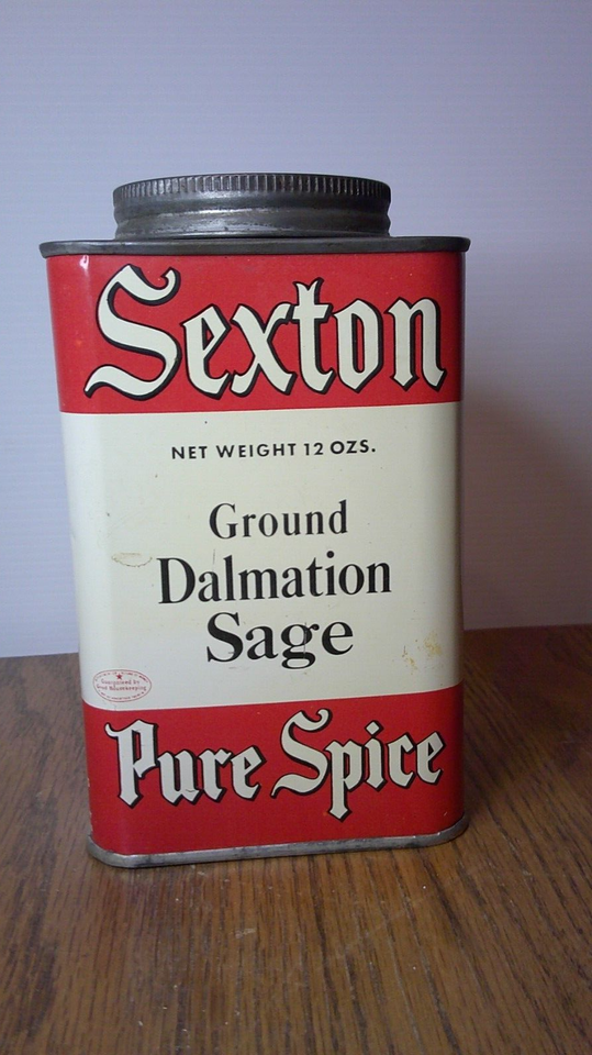 Vintage Sexton ground Dalmation sage advertising spice tin container ...