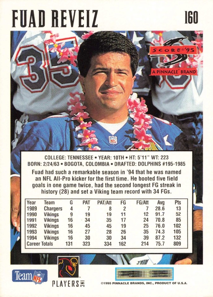 Fuad Reveiz 1995 Score #160 Minnesota Vikings Football | eBay