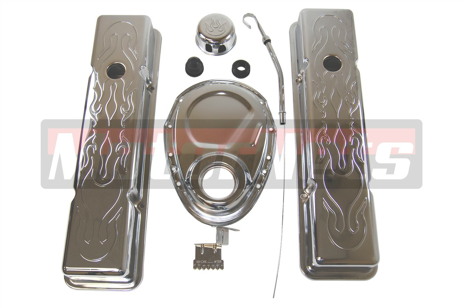 Small Block Chevy Chrome Flamed Engine Dress Up Kit SBC Stock Valve ...