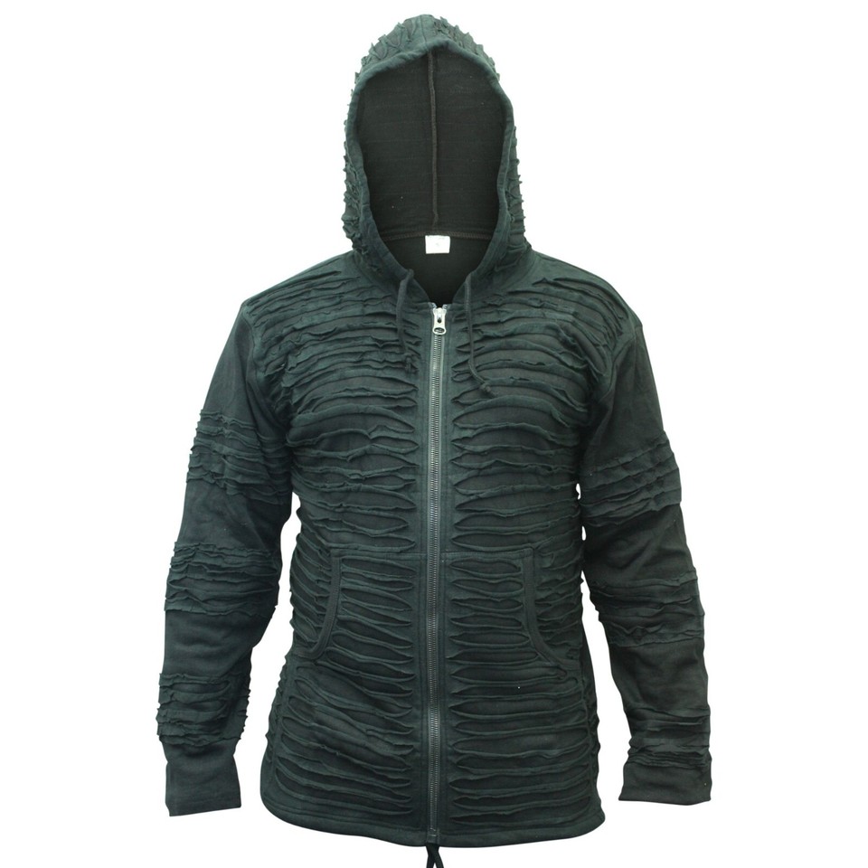 Mens Stonewashed Black Razor Cut Hippie Hooded Long Sleeved Winter ...