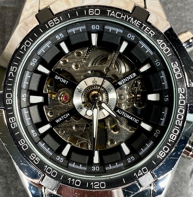 Winner TM340 Men's Silver Stainless Steel Analog Automatic Black Dial ...