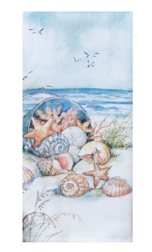 Set of 2 COASTAL SANCTUARY Beach Bucket Terry Kitchen Towels by Kay Dee ...