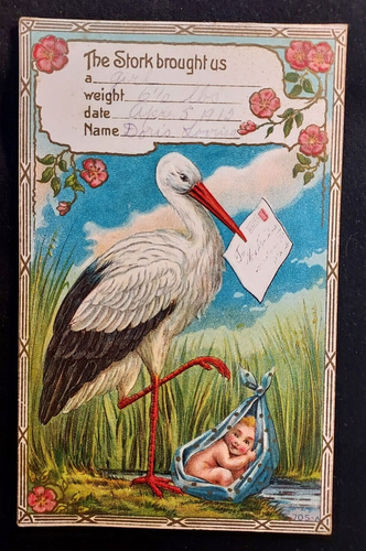 1912 Embossed Postcard Birth Announcement Stork Delivering Baby | eBay