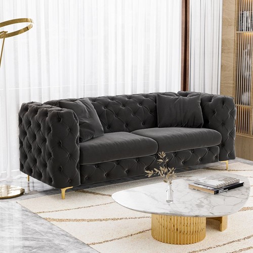 Modern Tufted Velvet Upholstered Couch Velour Casual Big Comfy Sofa w ...
