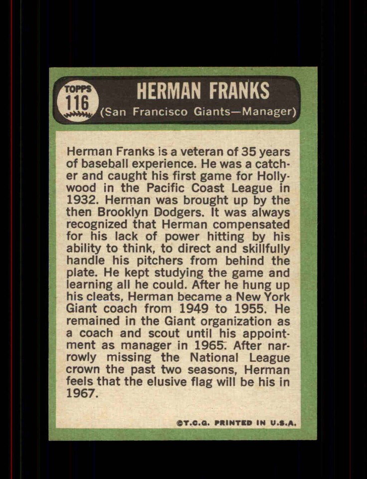 1967 HERMAN FRANKS TOPPS #116 GIANTS *R3874 | eBay
