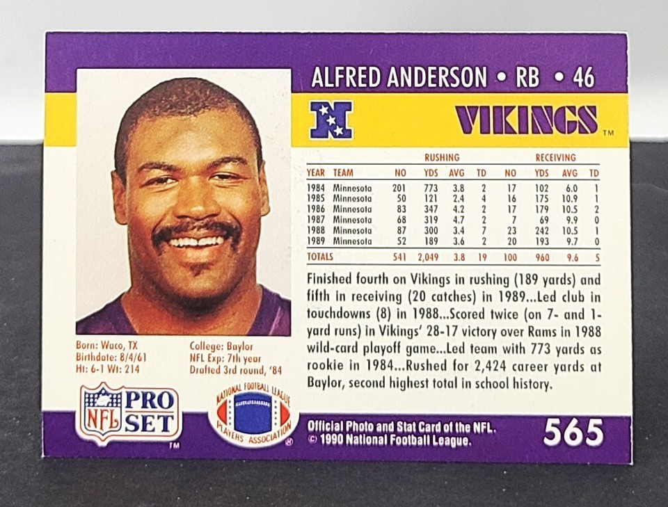 ALFRED ANDERSON Signed 1990 Pro Set Football Card #565 Minnesota ...