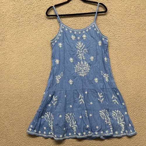 Roller Rabbit Dress Womens M Blue Floral Embroidered Layered Resort ...