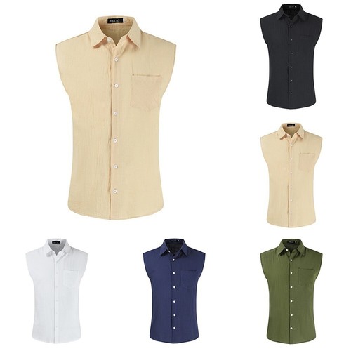 Men's Summer Sleeveless Solid Color Button Up Shirt with Pockets and ...
