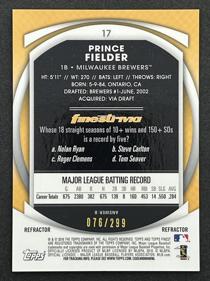 2010 Topps Finest Prince Fielders Blue Refractor 76/299 #17 Milwaukee ...