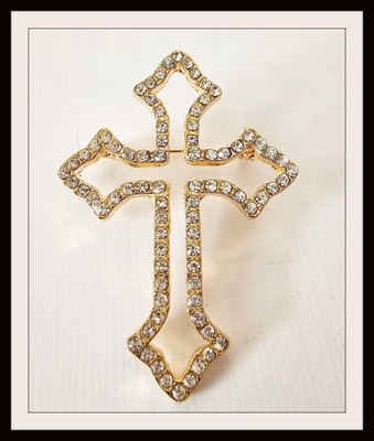 Large Clear Crystal Open Cross Brooch Pin Gold Plated | eBay
