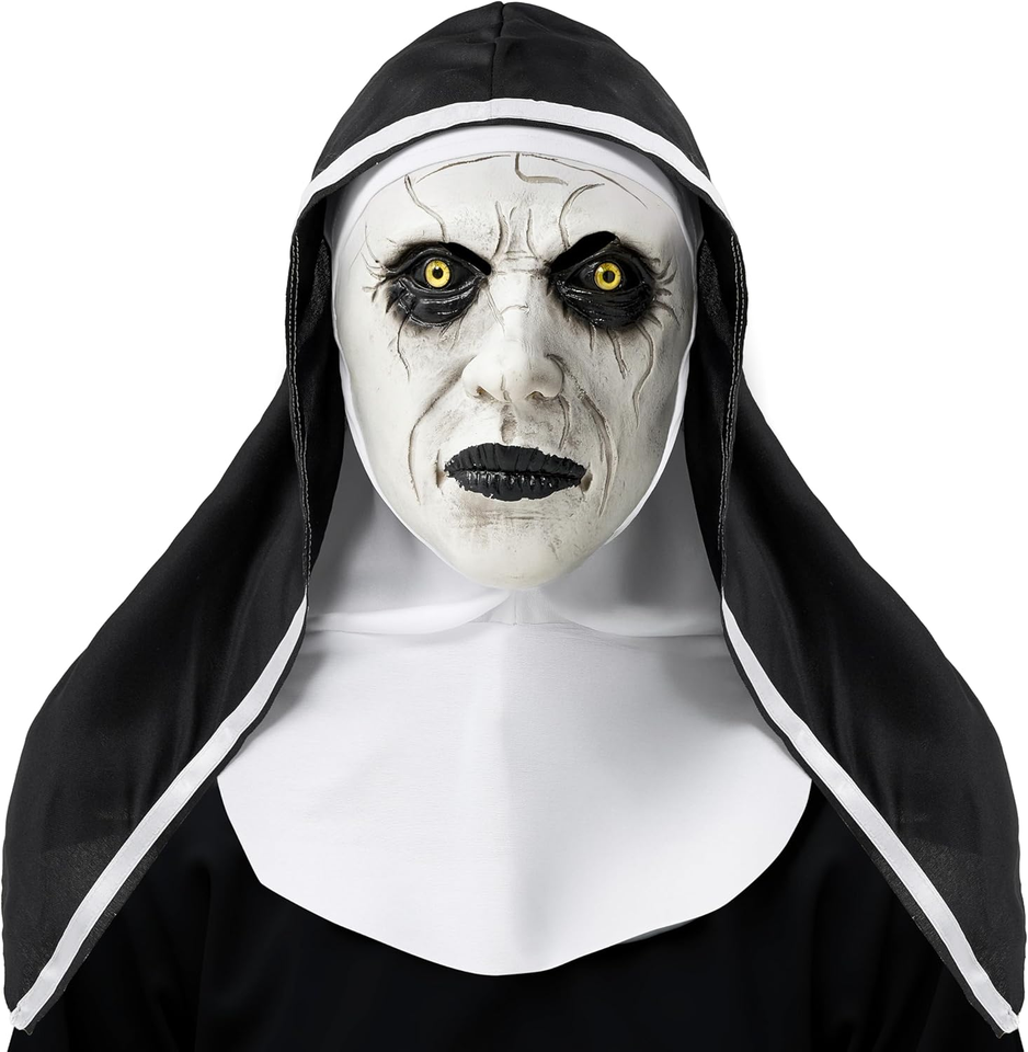 Halloween Scary Nun Mask with Black White Hood, Creepy Full Head Latex ...