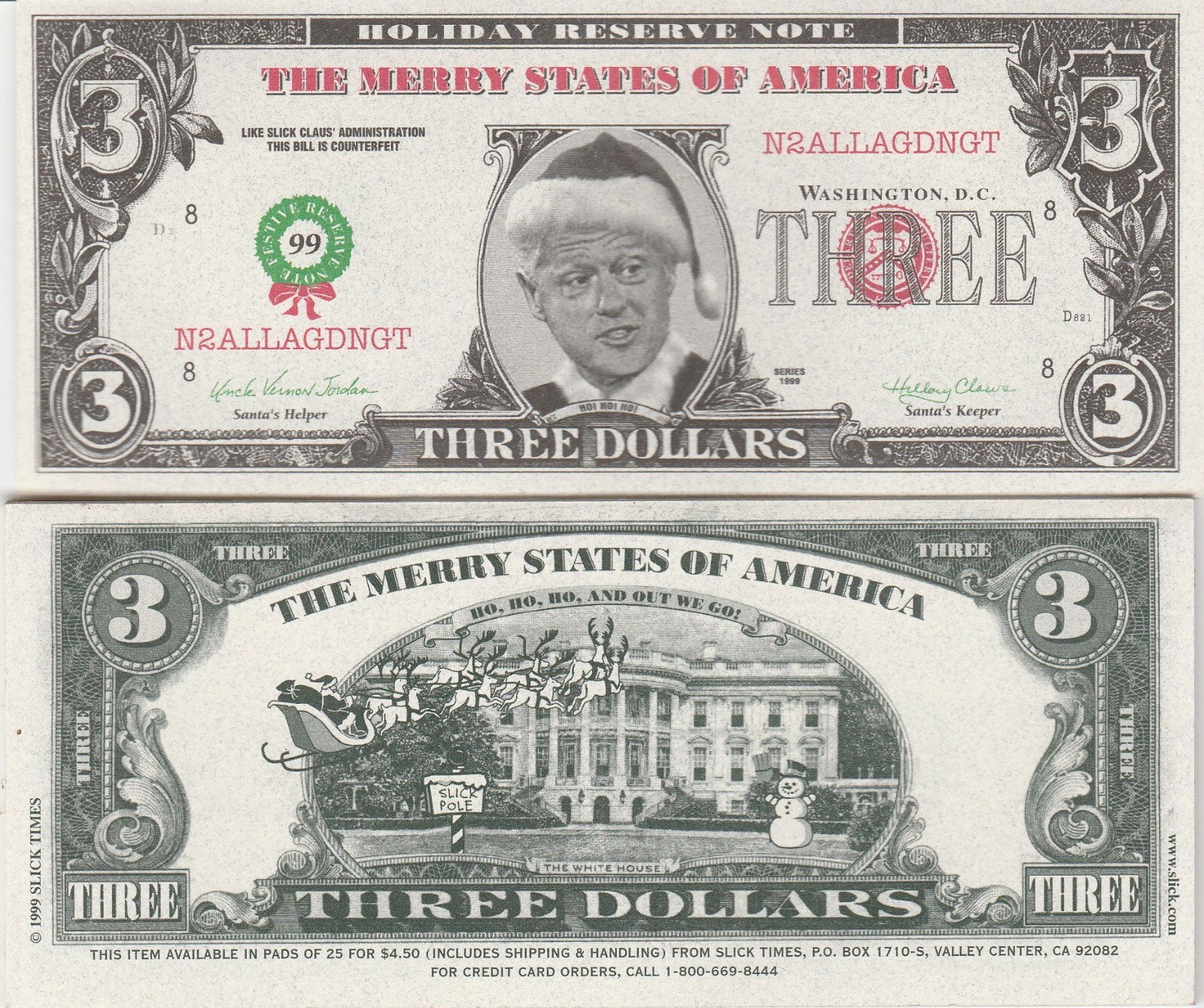 Bill Clinton Santa Hat $3 Dollars Novelty Bill Slick Times Funny-Money ...