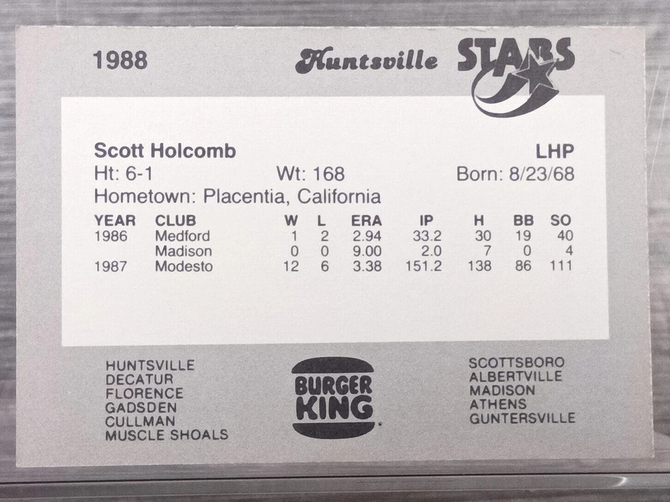 1988 Burger King Huntsville Stars Scott Holcomb Minor League | eBay