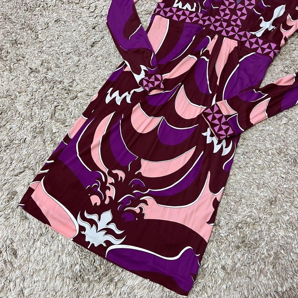 Emilio Pucci Abstract Dress Long Sleeve Purple Red Pink Rayon L Drape ...