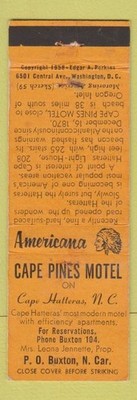 Matchbook Cover - Cape Pines Motel Buxton NC Perkins Americana ORANGE WORN | eBay
