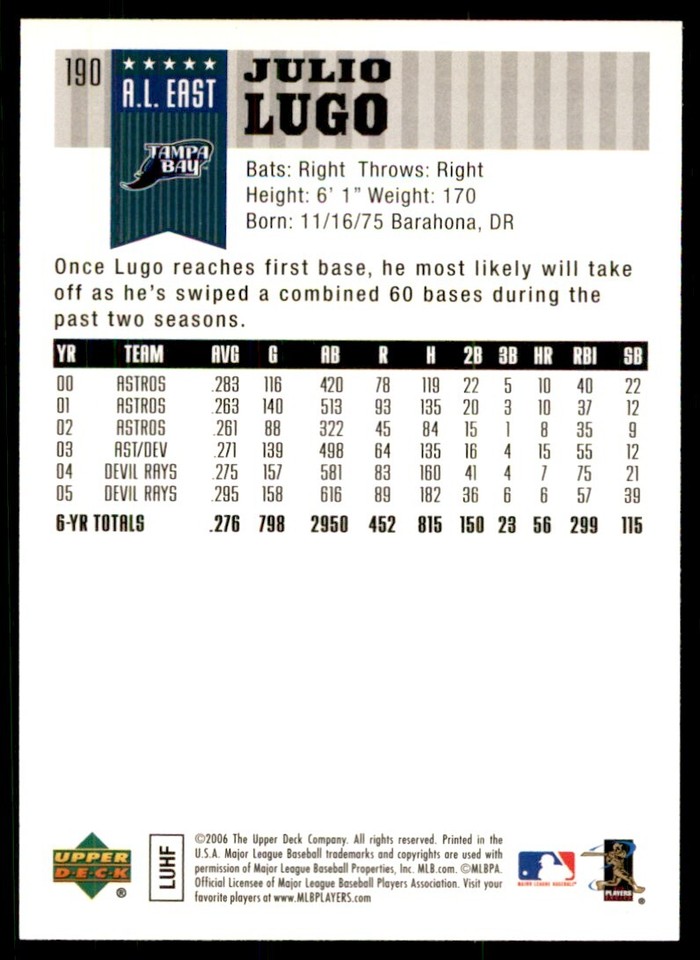 2006 Upper Deck First Pitch Julio Lugo Tampa Bay Devil Rays #190 | eBay