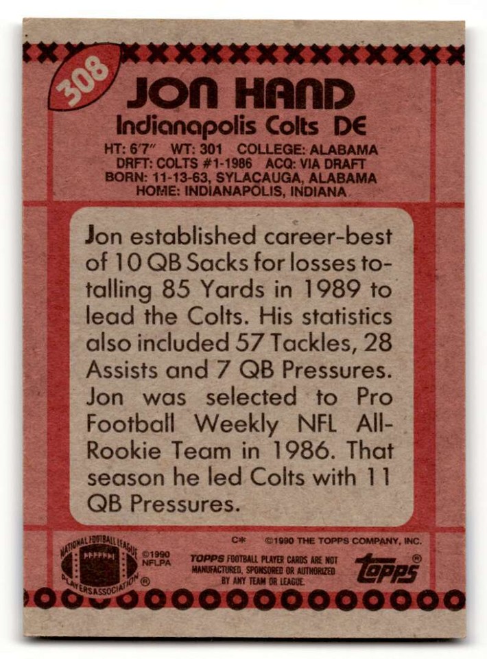 1990 Topps #308 Jon Hand Indianapolis Colts Football Cards ID:60295 | eBay