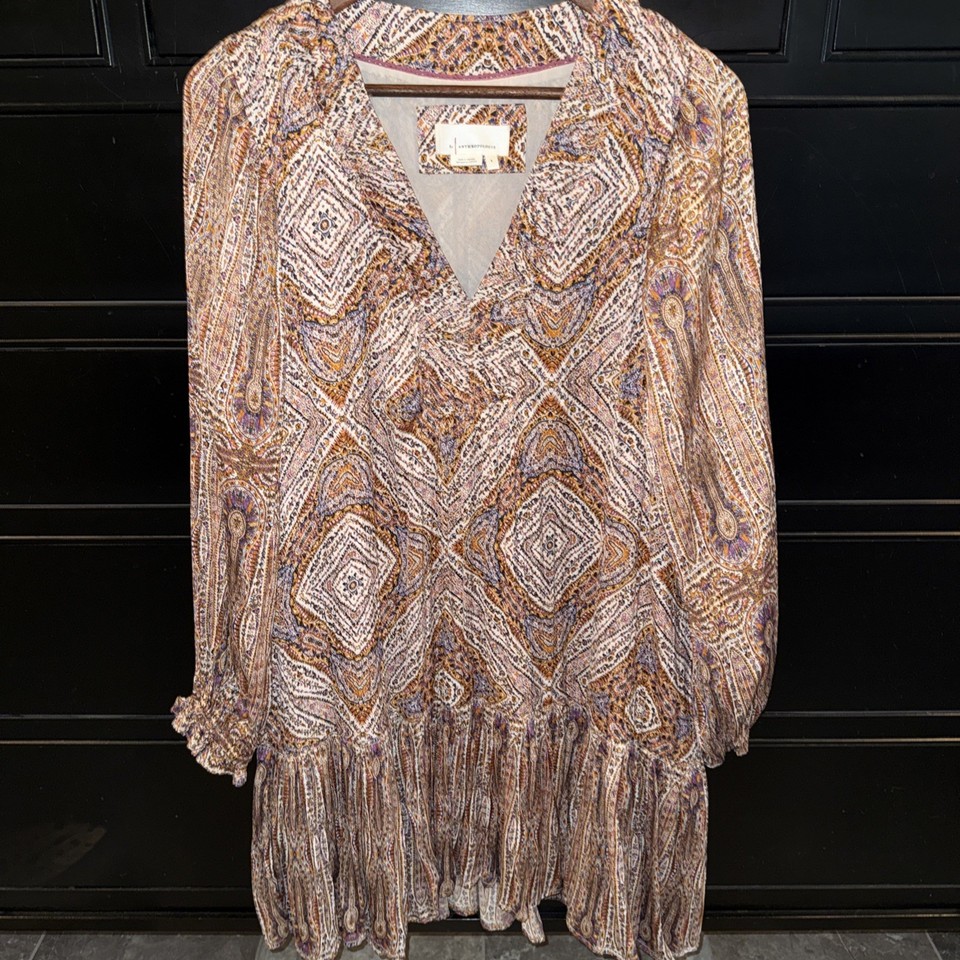 Anthropologie Sabia Flounced Tunic Dress Small Brown Multi V Neck ...