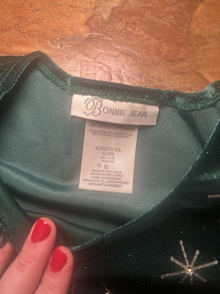Bonnie Jean Size 6 Green Velvet Christmas Dress Faux Fur Trim Snowflake ...