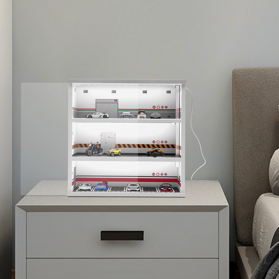 1:64 3-Layer Diecast Car Model Display Cabinet Parking Lot Case w/ LED ...