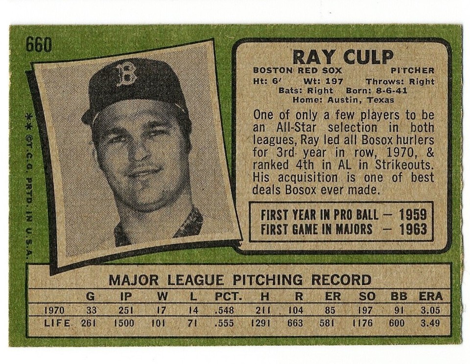 1971 TOPPS BOSTON RED SOX RAY CULP #660 EX HI# | eBay