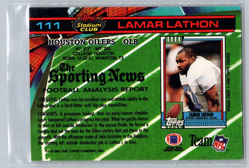1991 TOPPS STADIUM CLUB CARD # 111 Lamar Lathon - Houston Oilers | eBay