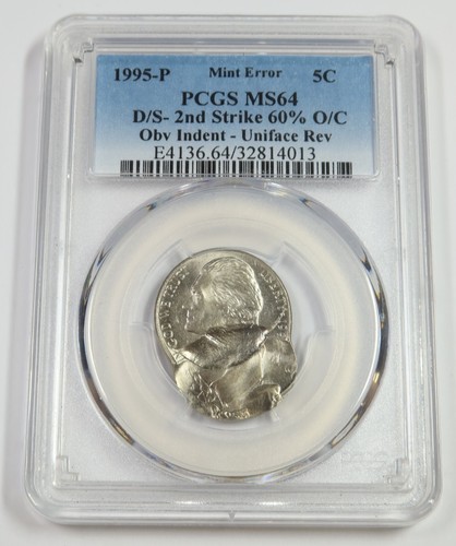 1995 P PCGS MS64 - DOUBLE STRIKE OFF CENTER MINT ERROR Jefferson Nickel ...