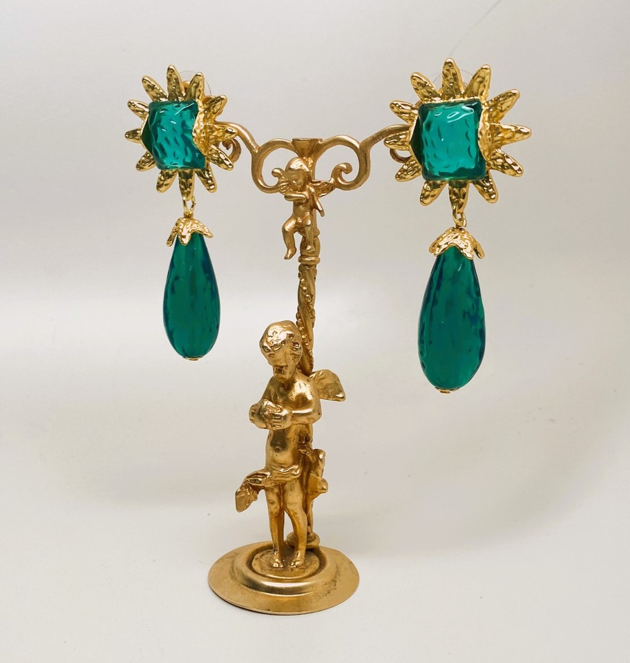 Stunning Green Resin Cabochon Gold Plated Pierced Dangle Earrings | eBay