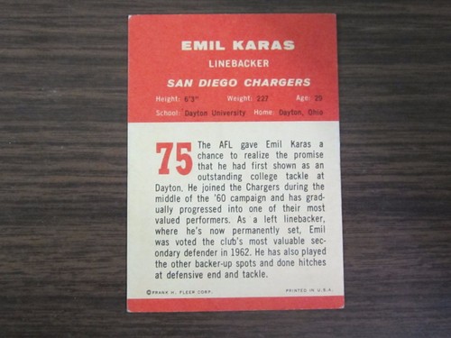 1963 Fleer # 75 Emil Karas Card B9 San Diego Chargers / Dayton ...