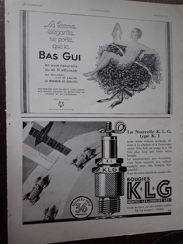 bougie KLG type K1 + Bas GUI publicité papier l'ILLUSTRATION AUTO 1932 ...