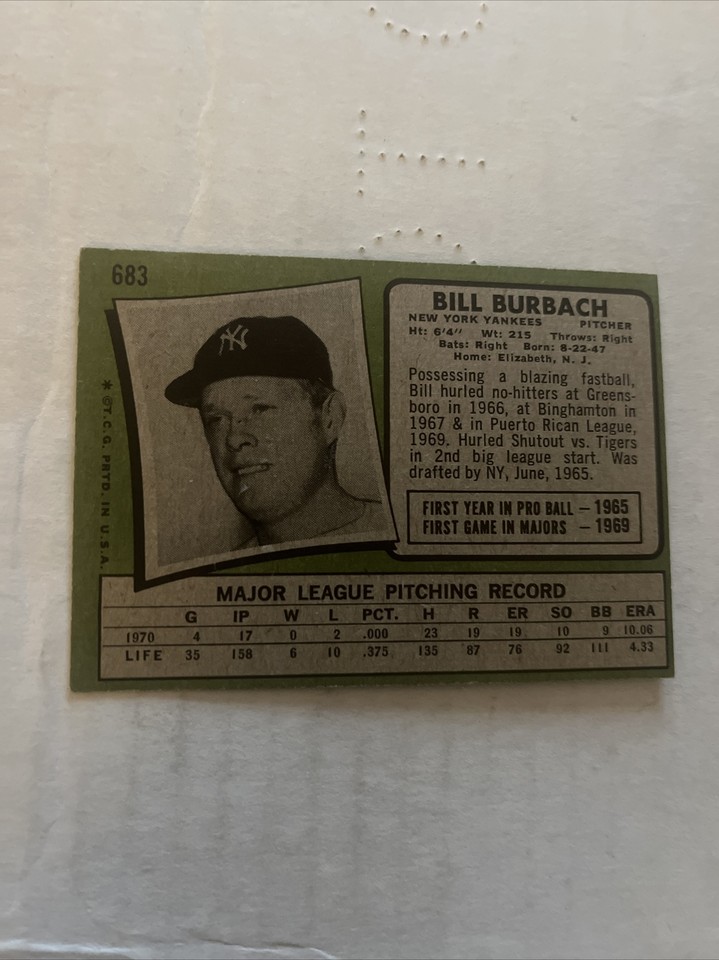 1971 Bill Burbach New York Yankees Topps Baseball Card #683 | eBay