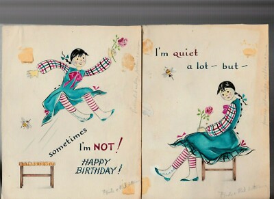 HAPPY BIRTHDAY Cute Girl I'm Quiet A Lot 2pcs 6x7.5" Greeting Card Art ...