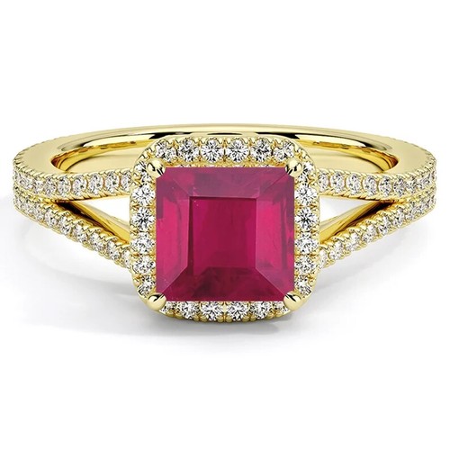 Princess Cut Red Ruby & White Diamond Split Shank Halo Engagement Ring For Women | eBay