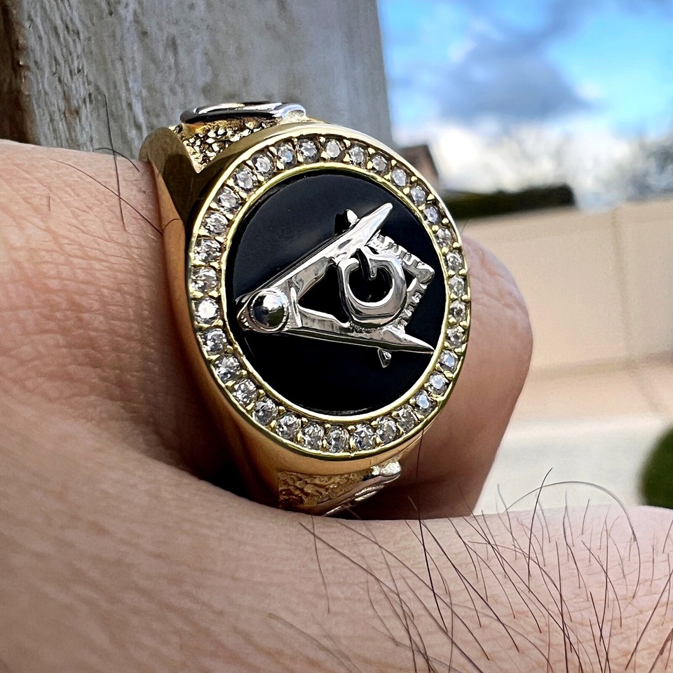 14K Gold Plated over 925 Sterling Silver Masonic Ring Master Mason CZ ...