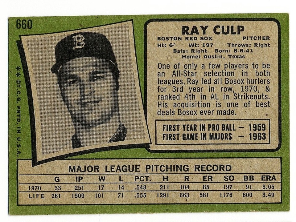 1971 TOPPS BOSTON RED SOX RAY CULP #660 NM | eBay