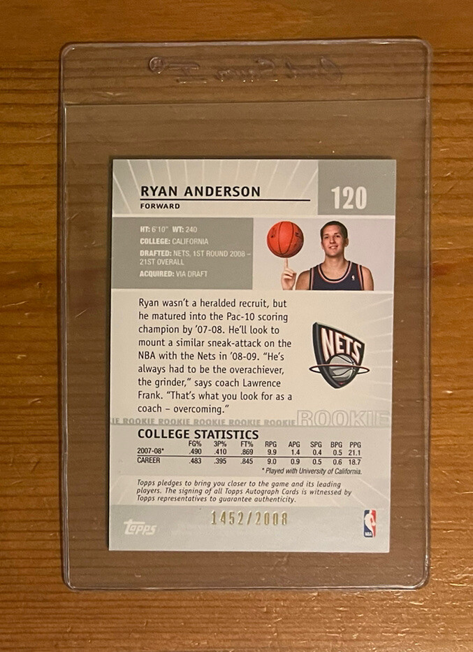 2008-09 Topps Co-Signers RYAN ANDERSON 1452/2008 Rookie Card #120 Nets ...