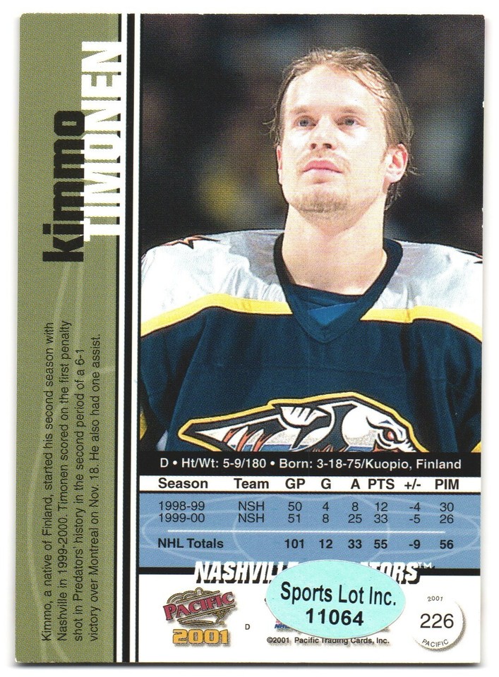 Kimmo Timonen Autographed 2000 Pacific Card #226 Nashville Predators | eBay