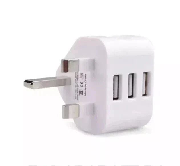 UK 3 Pin Dual USB Plug Adapter Mains Wall Charger 1/2/3-Port For Phones ...