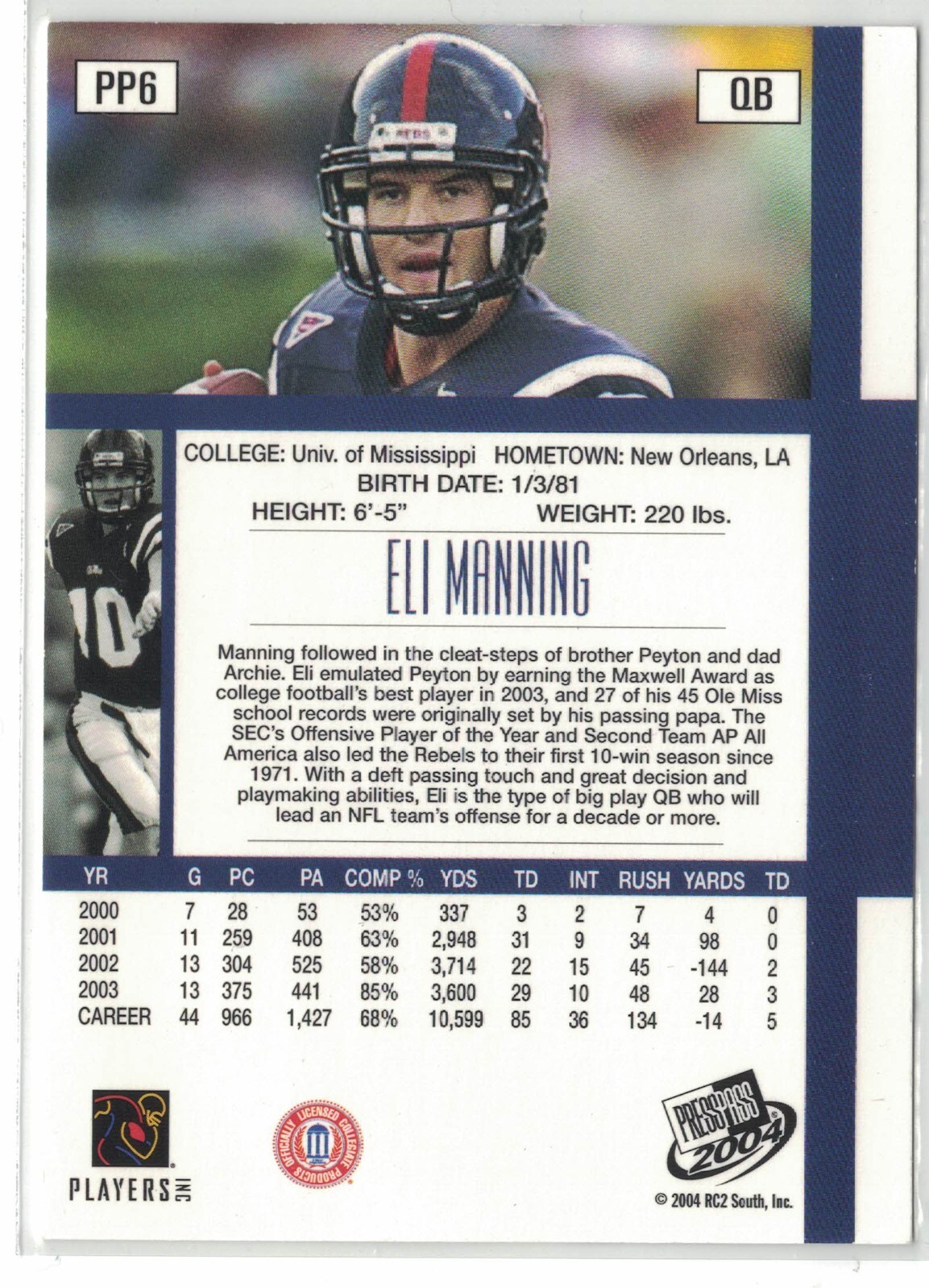 2004 Press Pass National Trading Card Day #PP6 Eli Manning Rookie RC NY ...