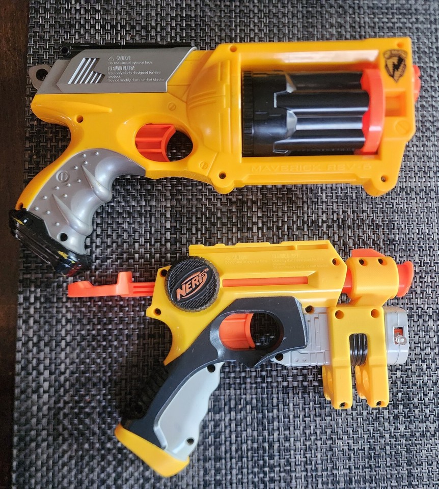 Yellow Nerf NStrike Maverick Rev6 Blaster-2004 & EX3 NITE Finder Pistol ...