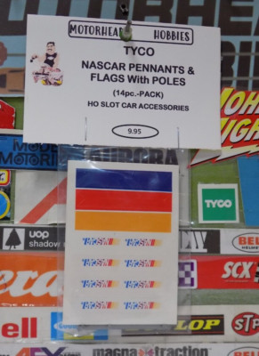 TYCO, HO SLOT CAR, NASCAR PENNANTS & FLAGS With POLES, 14pc. DECAL ...